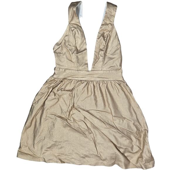 Lac Bleu | Dresses | Lac Bleu Champagne Gold Shiny Deep V Neck Mini ...